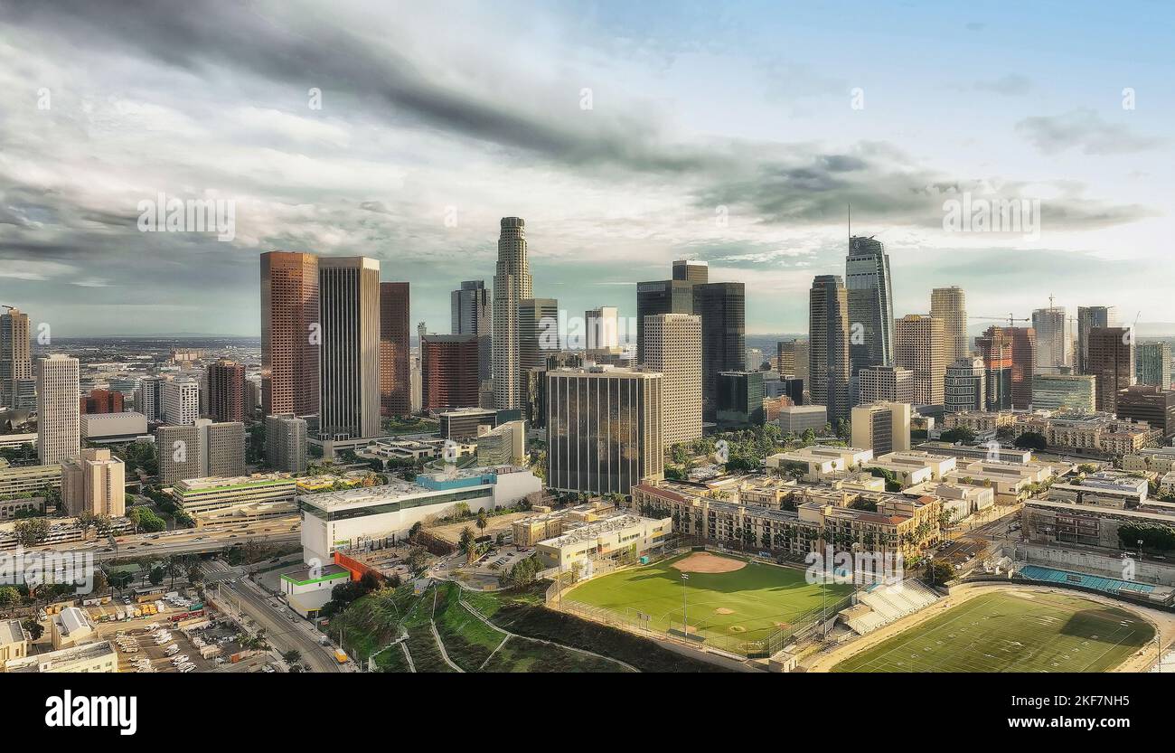 Los Angeles downtown skyline. California theme with LA background ...