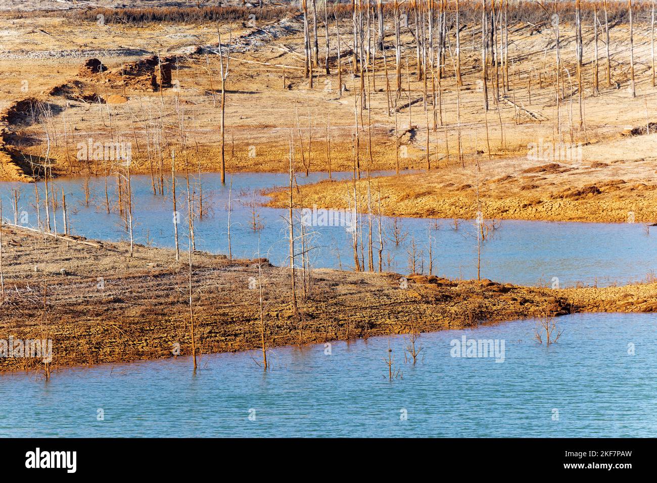 Low levels of water reservoir. Dry climate. Shortage of water. Dead ...