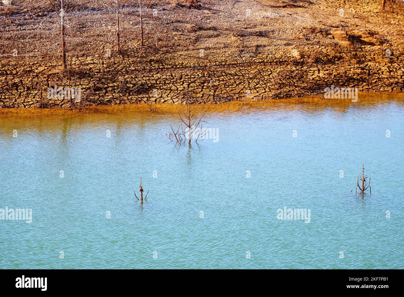 Low levels of water reservoir. Dry climate. Shortage of water. Dead ...