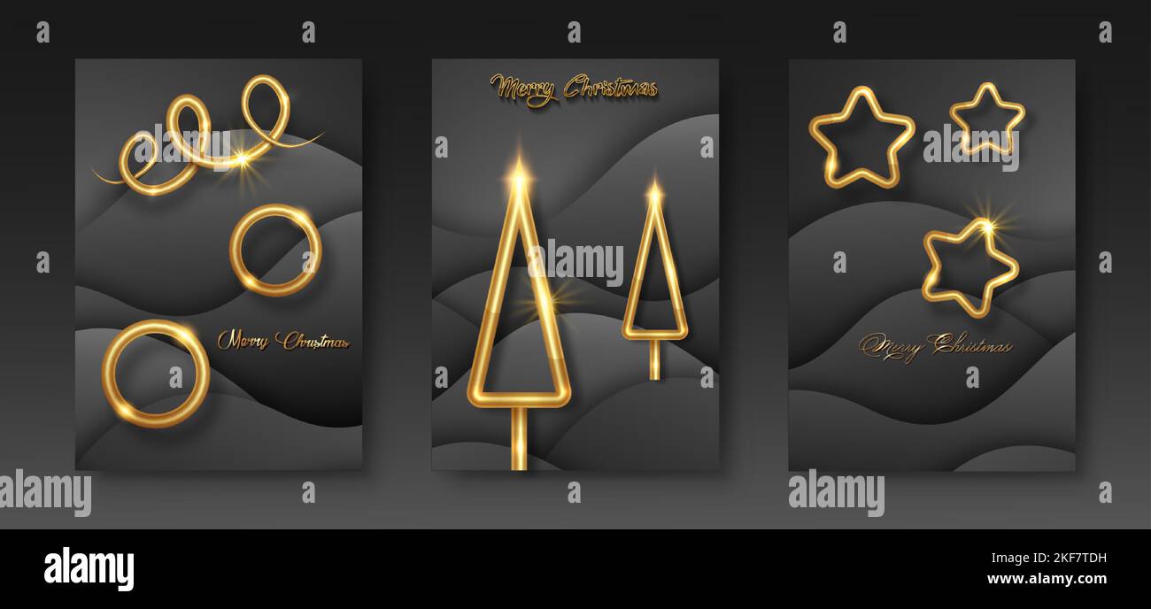 set cards Merry Christmas gold texture, golden luxury elements, black ...