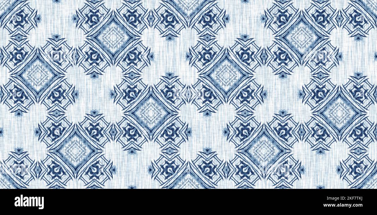 Indigo dye wash coastal damask seamless border pattern. Washed out ...