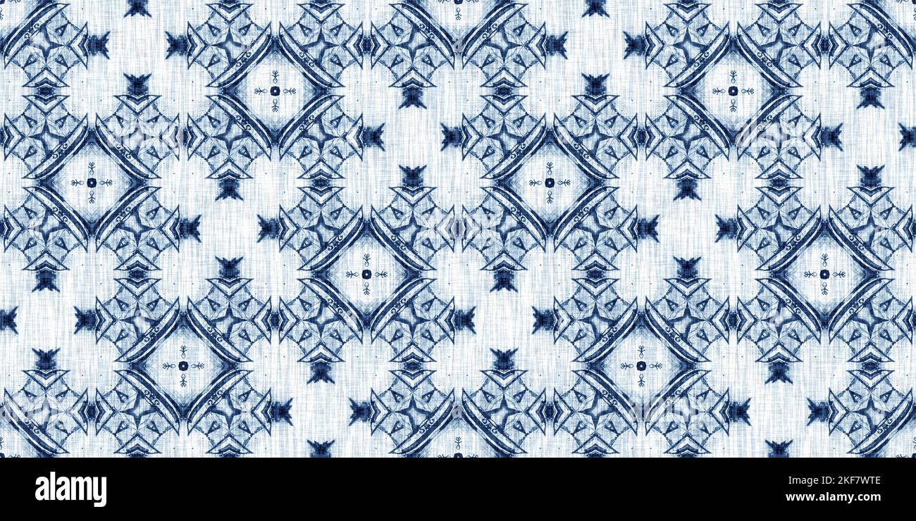 Indigo dye wash coastal damask seamless border pattern. Washed out ...