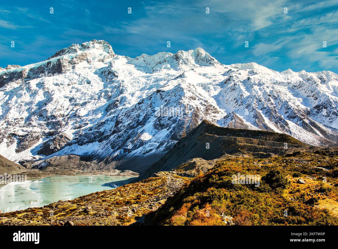 The snow covered peaks of the Southern Alps mountain range as a ...