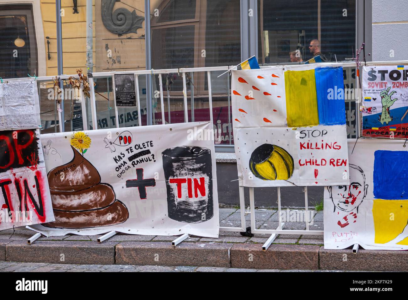 Estonia, Tallinn - July 21, 2022: Closeup banner 3, Fence hang with ...