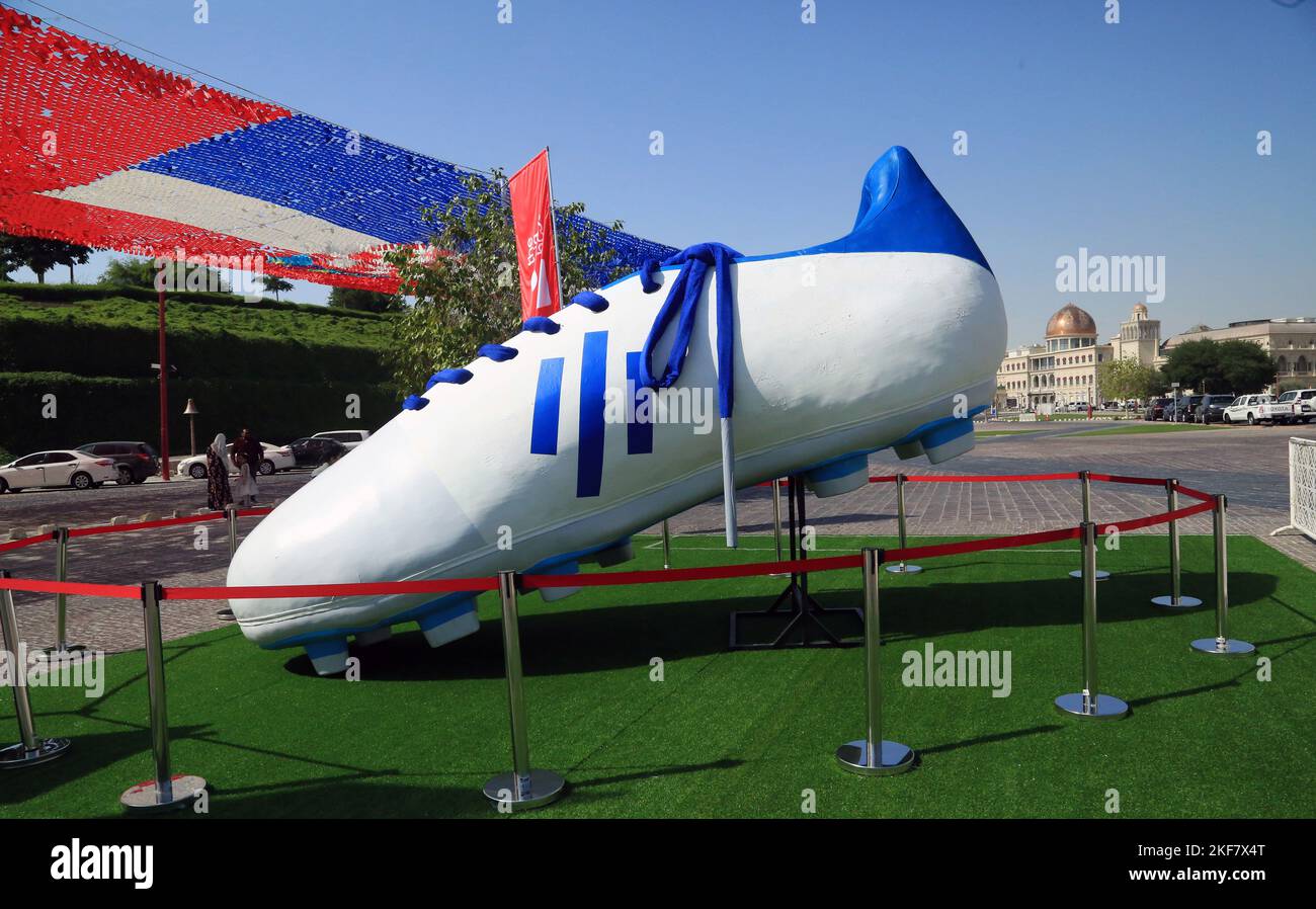 Doha, Qatar. 16th Nov, 2022. The world's largest football cleat by the ...