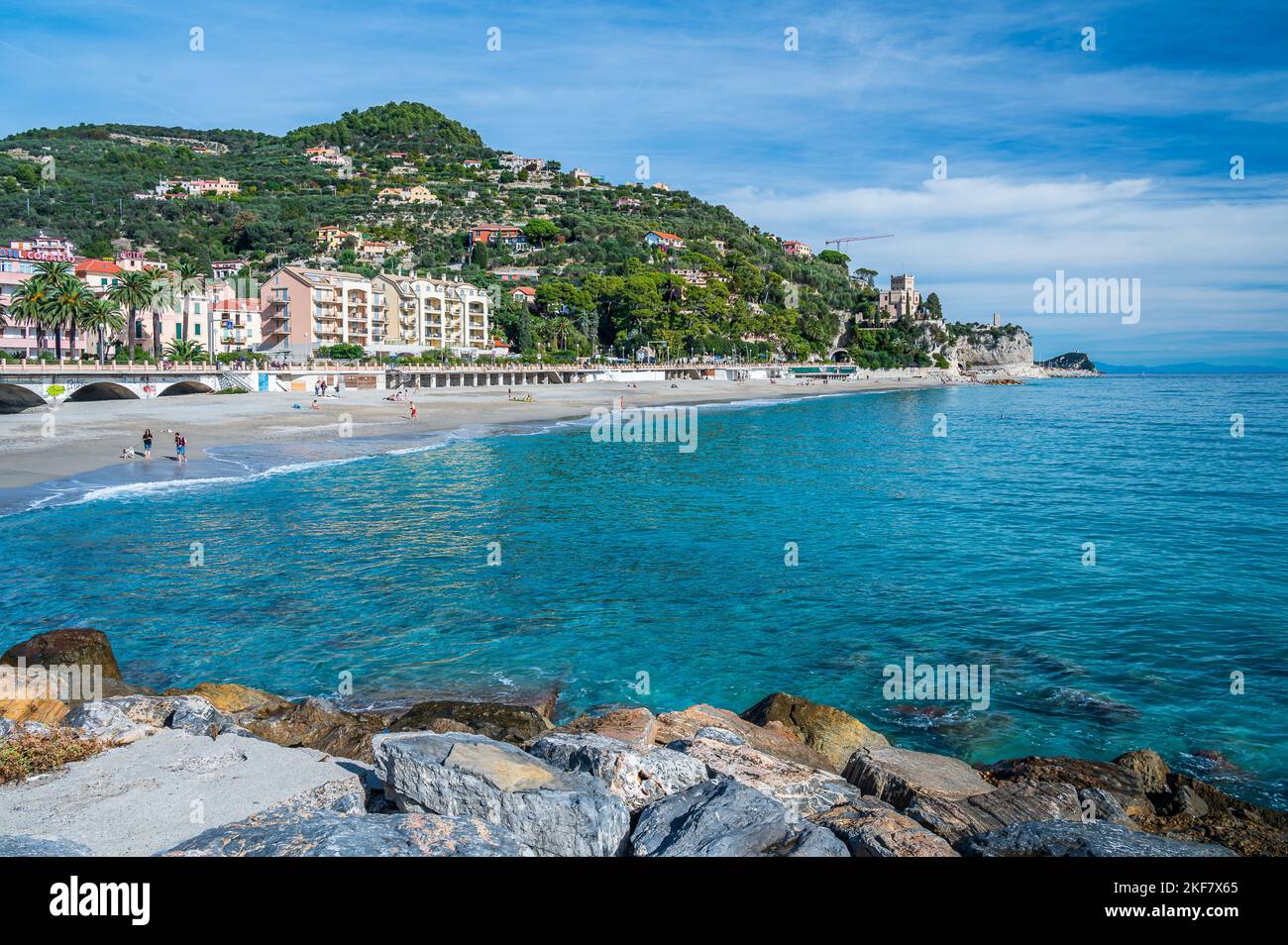 Sandy beach of the village of Finale Ligure on the Italian Riviera ...