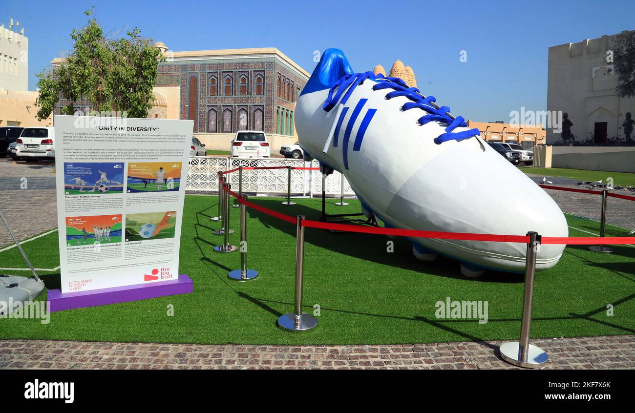 Doha, Qatar. 16th Nov, 2022. The world's largest football cleat by the ...