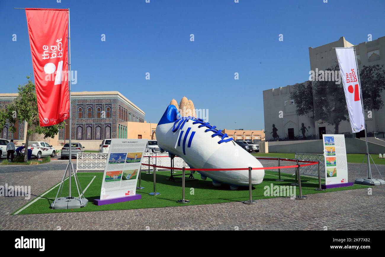 Doha, Qatar. 16th Nov, 2022. The world's largest football cleat by the ...