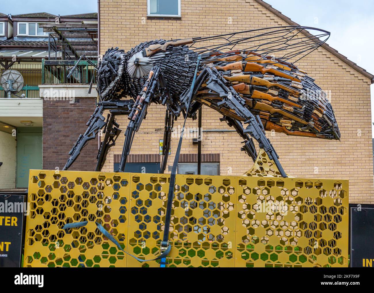 Manchester Bee Monument made from blades and guns, On display in ...