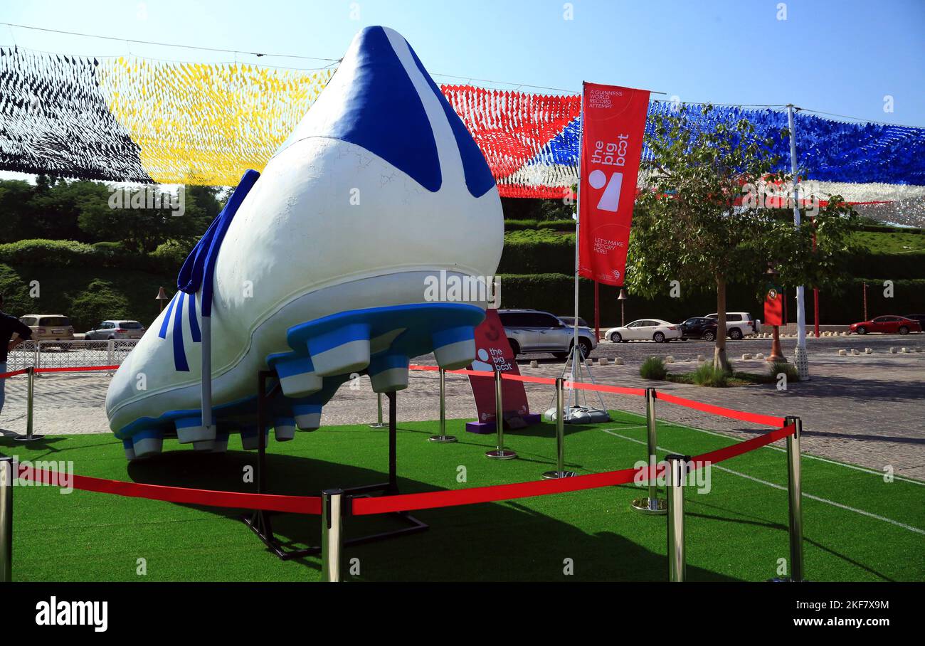 Doha, Qatar. 16th Nov, 2022. The world's largest football cleat by the ...