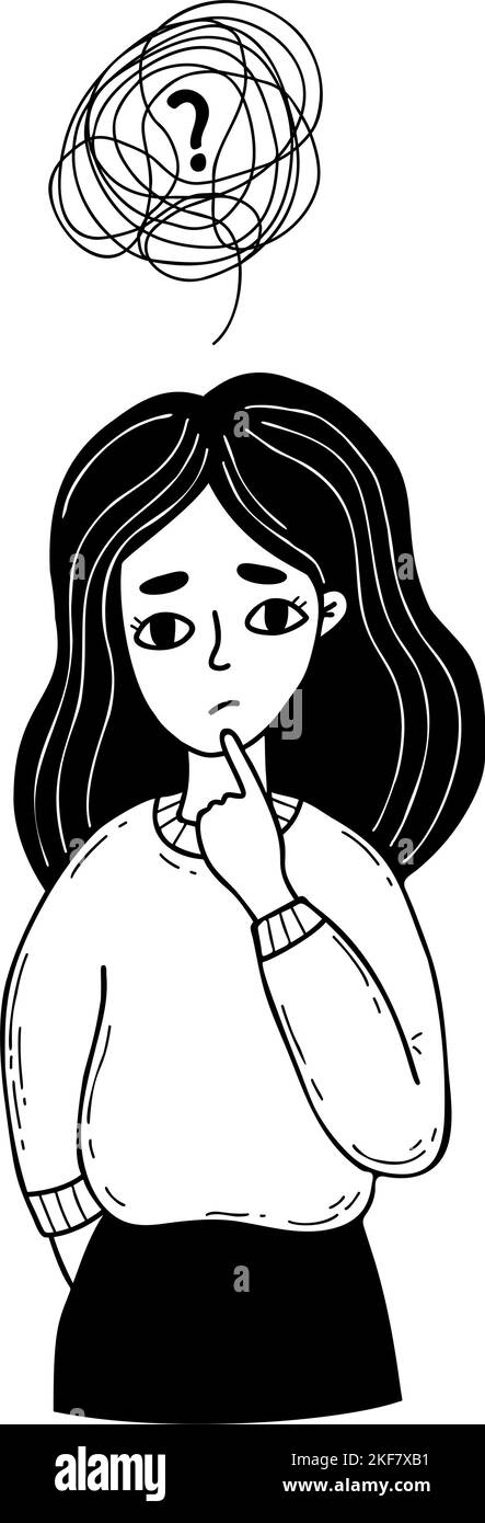 Portrait of thinking person. Thoughtful girl, confused thoughts and ...