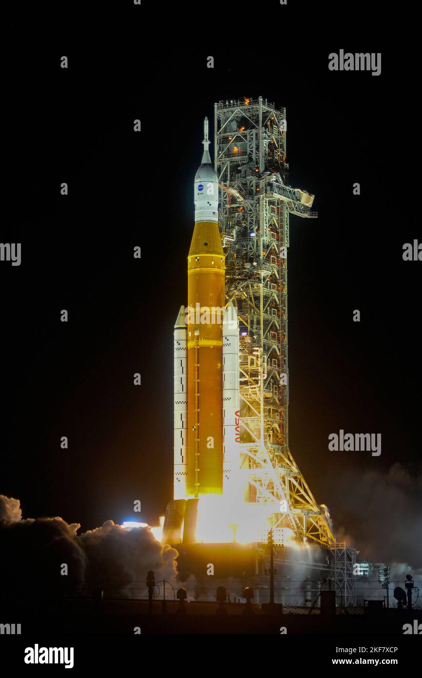 The Space Launch System (SLS) rocket carrying an Orion spacecraft lifts ...