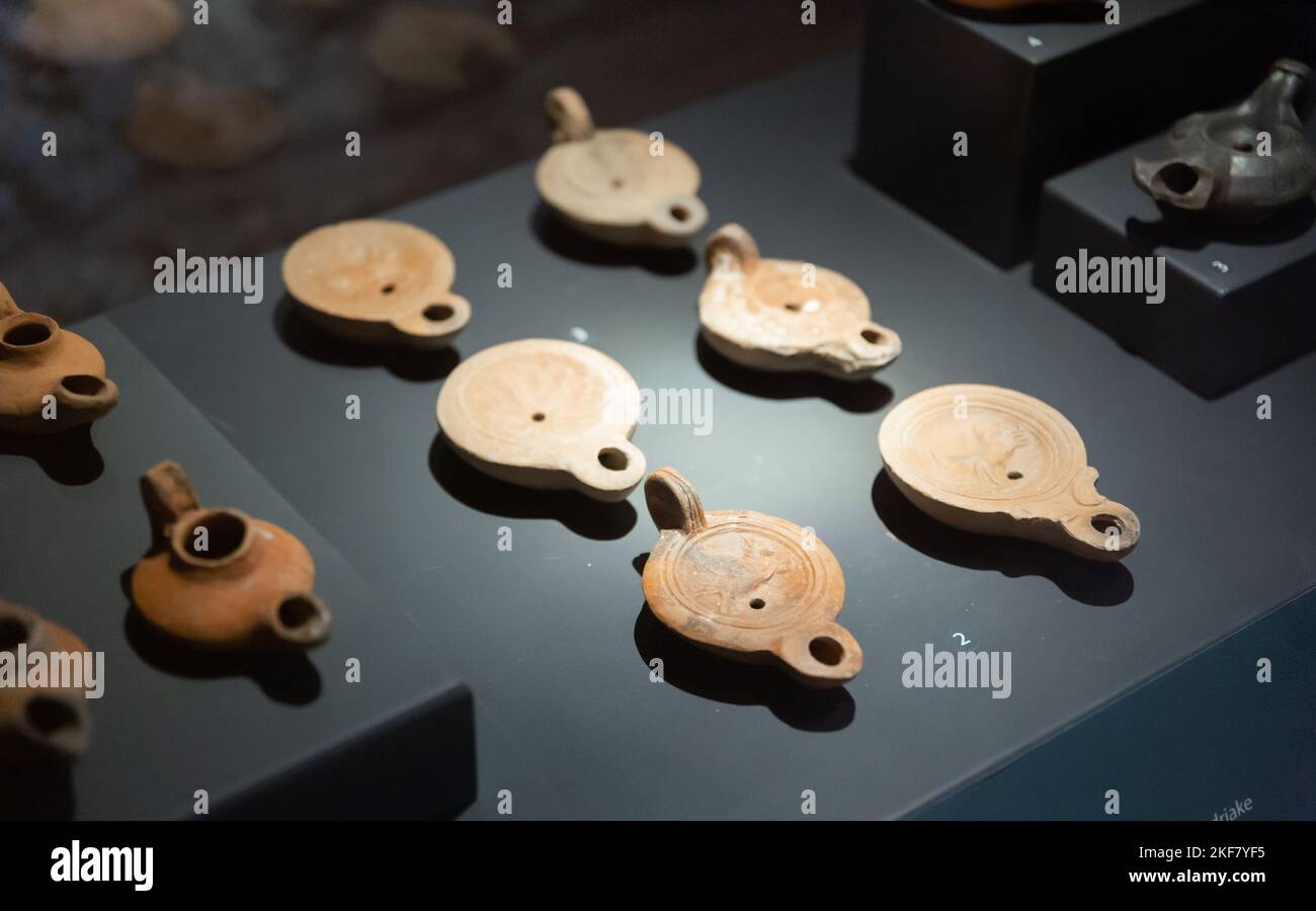 Collection of antient oil lamps in Lycian Civilization Museum, Demre ...