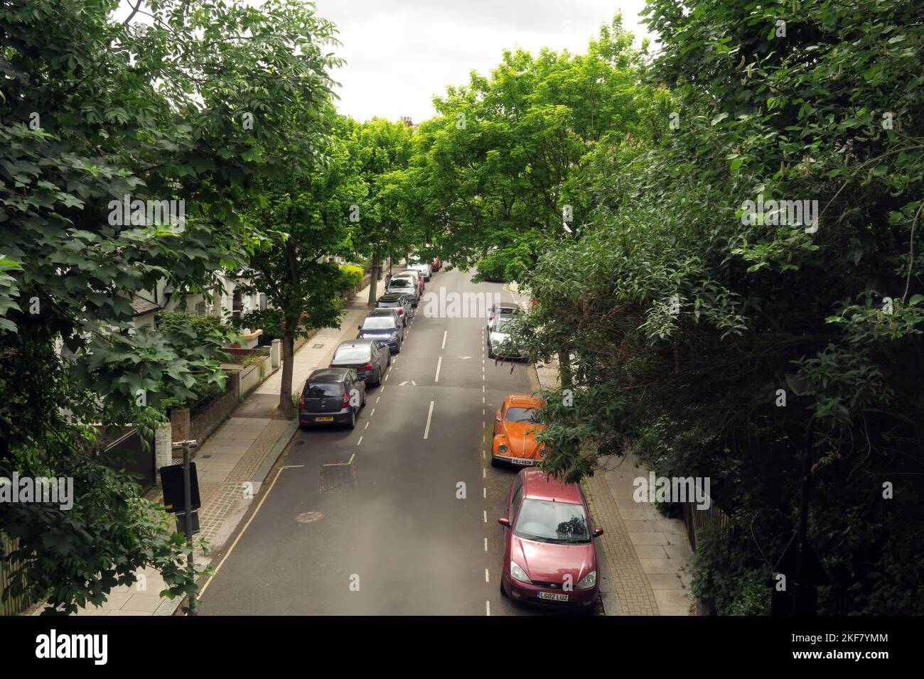 view on North London residentual street from old railway bridge ...