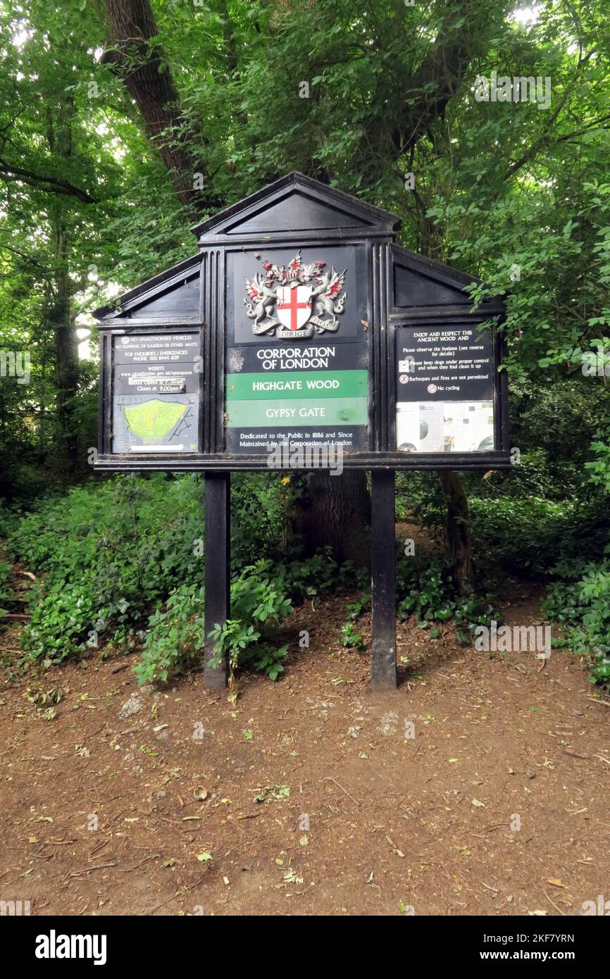 sign for Highgate Woods Highgate Woods; Haringey, London, UK, May Stock ...