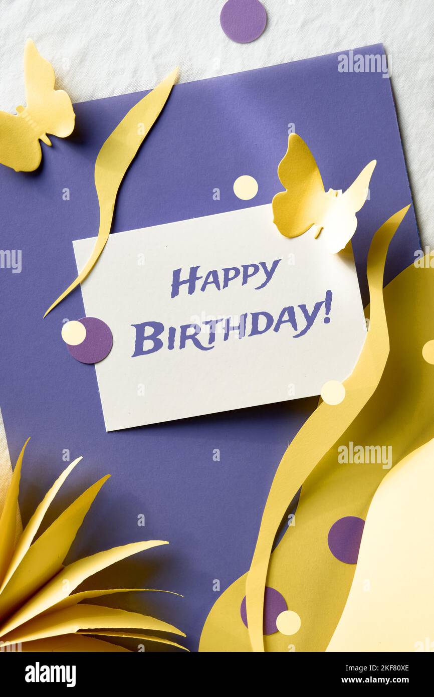 Happy Birthday text on paper card. Springtime Birthday greeting paper ...