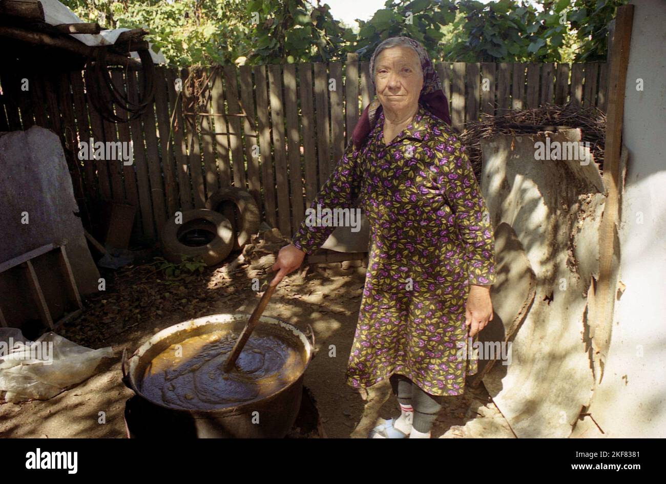 Ilfov County, Romania, 2002. Elderly woman cooking outdoors in large ...