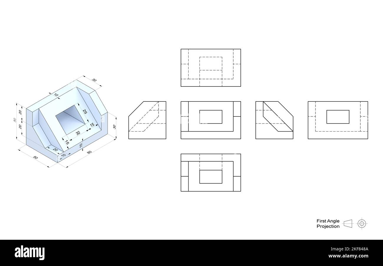 Technical drawing of a 3D model with a perspective and orthogonal views ...
