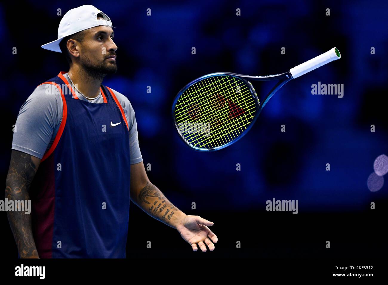 Turin, Italy. 16 November 2022. Nick Kyrgios of Australia spins the ...