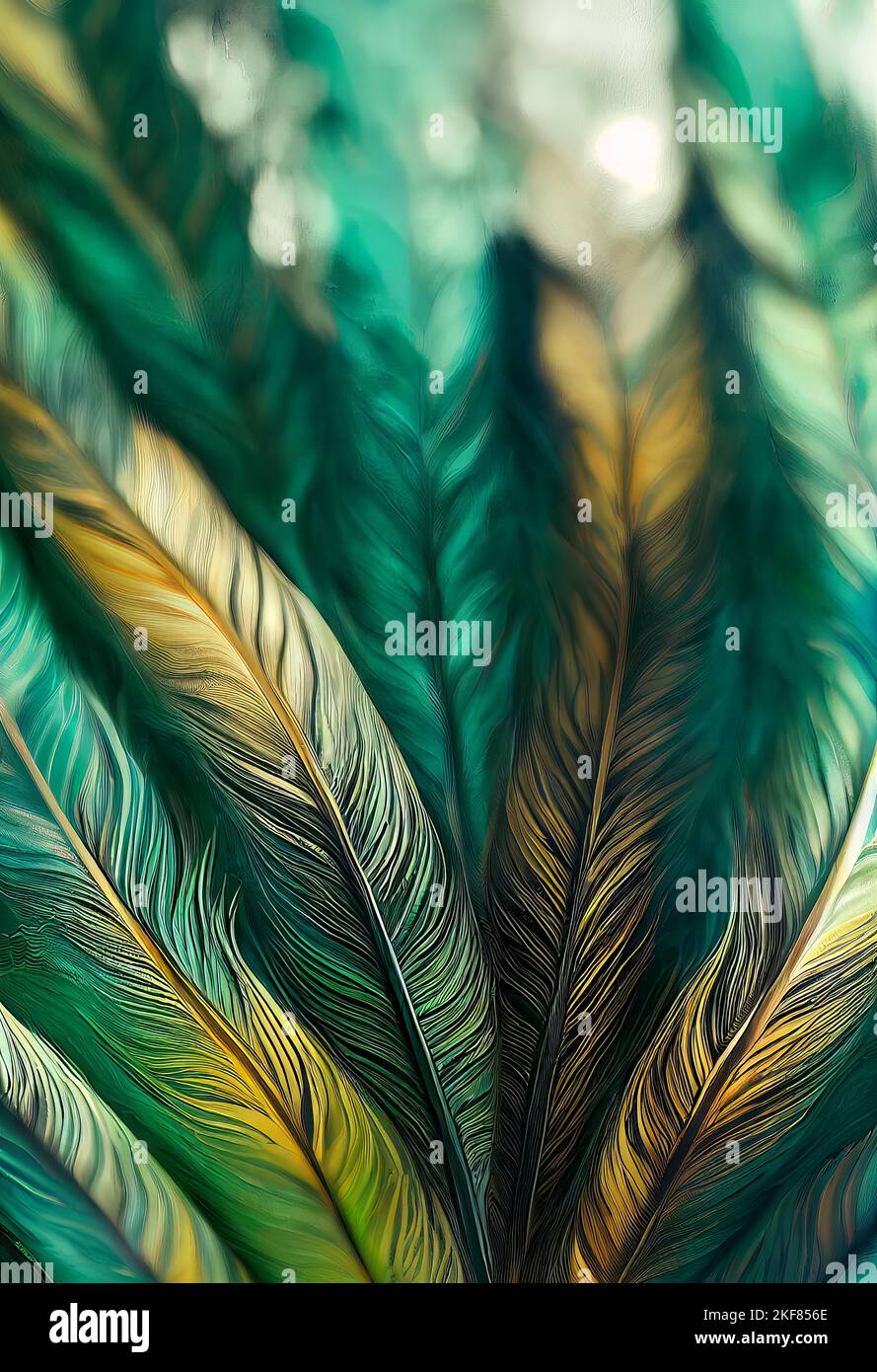 Hand drawn creative flying green feather pattern. Collage contemporary ...