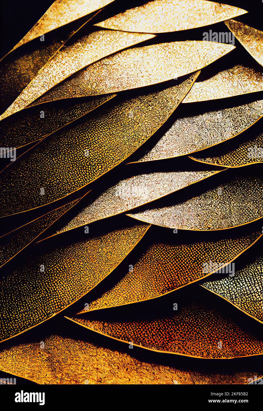 Hand drawn textured golden leafy pattern. Collage contemporary print ...