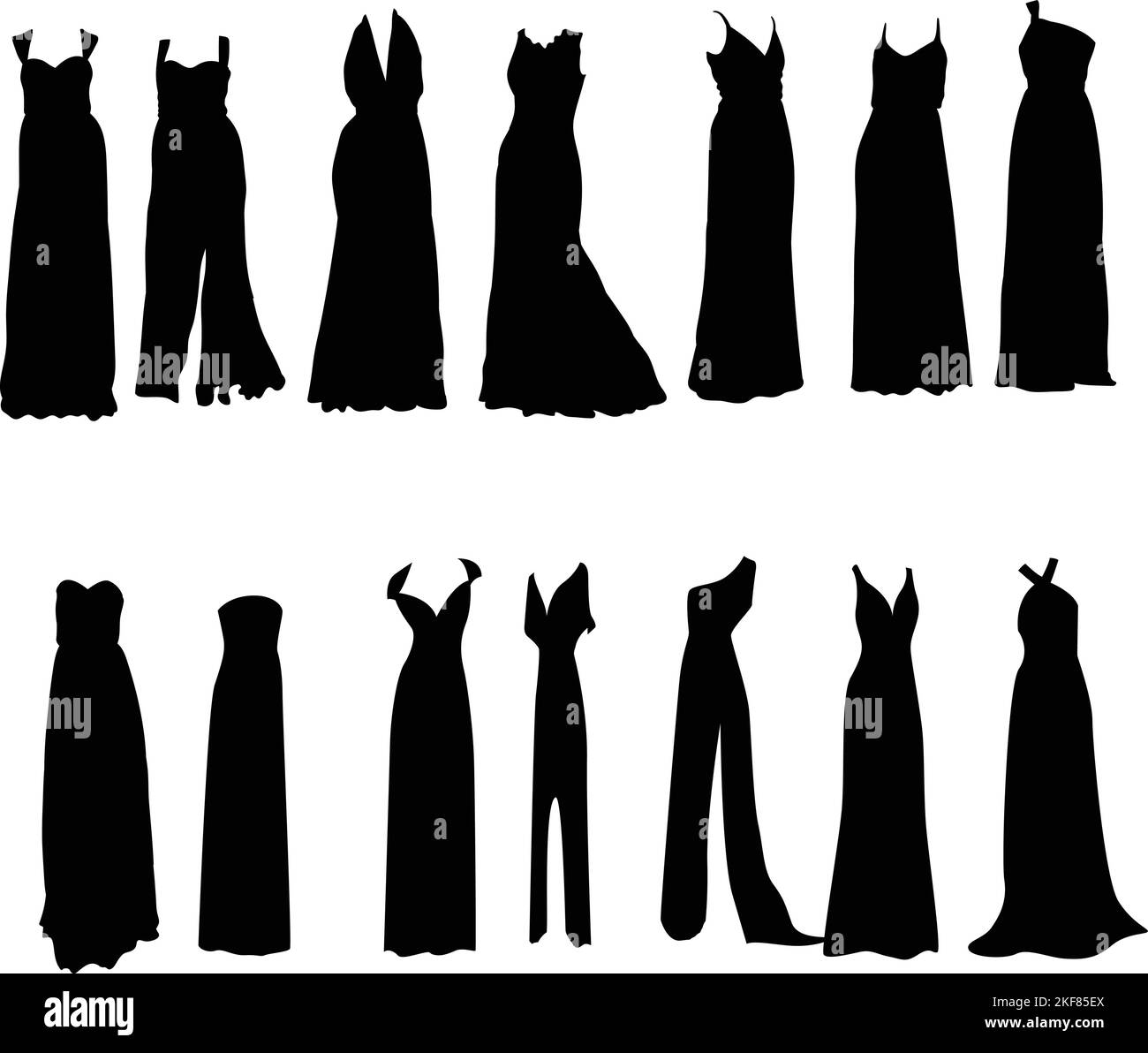 A vector illustration of silhouettes of women's elegant dresses ...