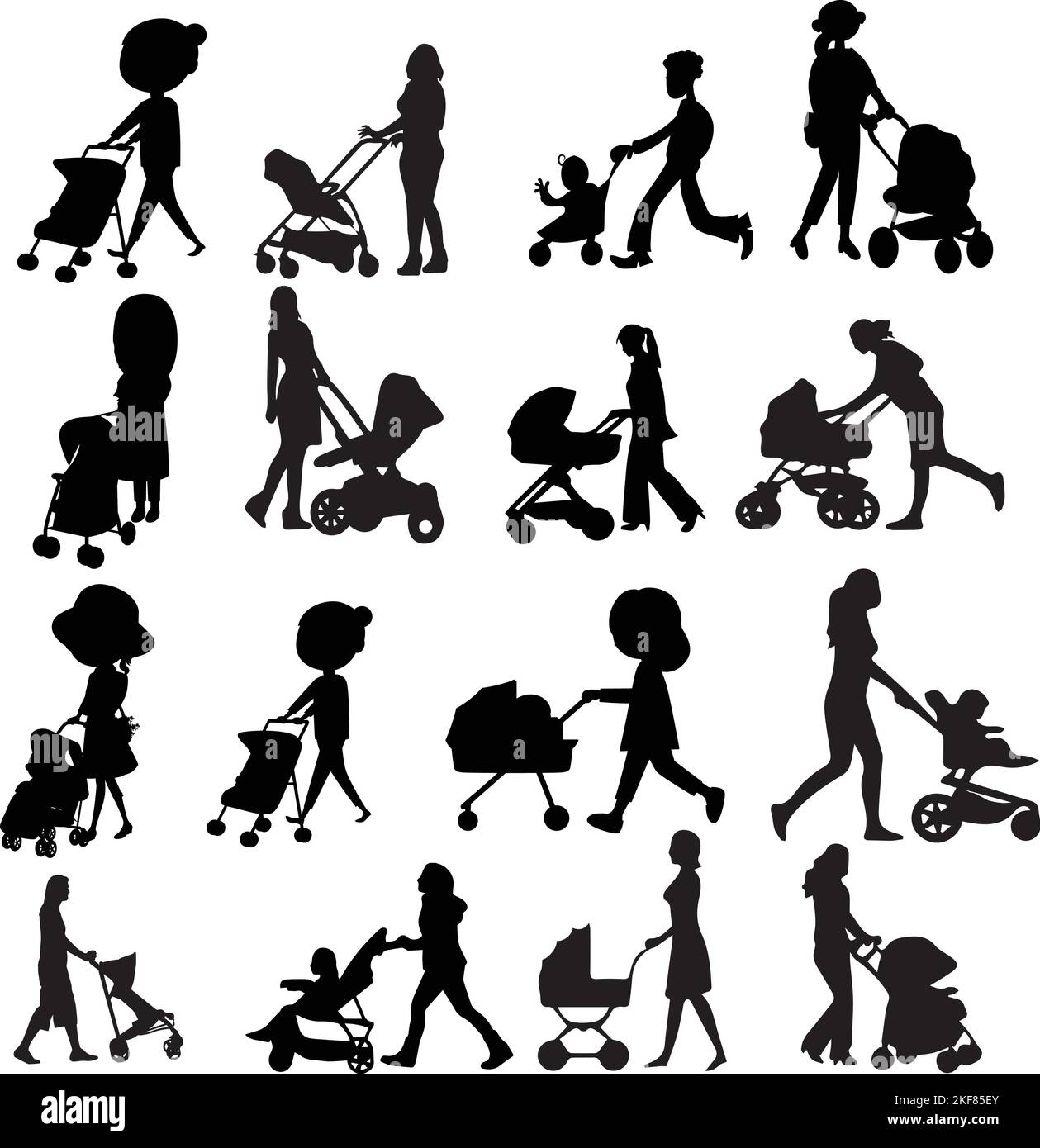 A vector illustration of silhouettes of people with strollers isolated ...