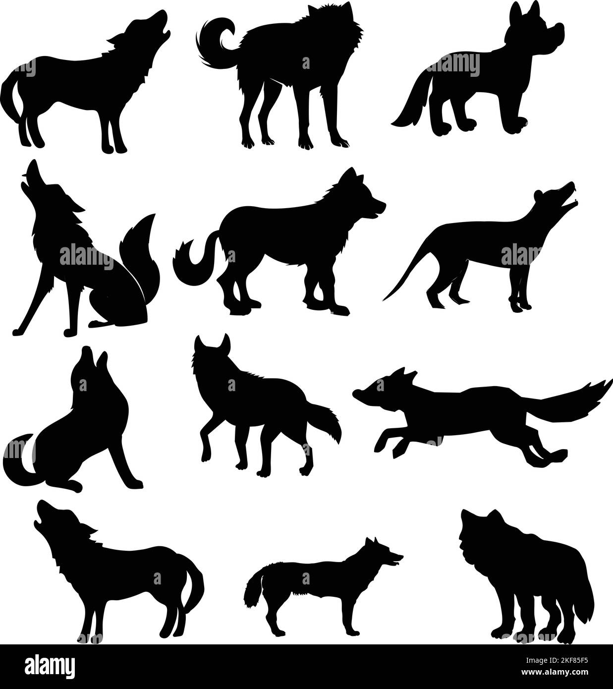 A vector illustration of set of wolf silhouettes isolated on a white ...