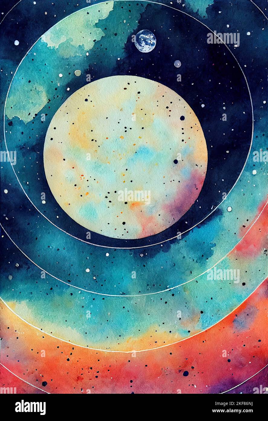 Hand drawn watercolor universe pattern. Collage contemporary print with ...