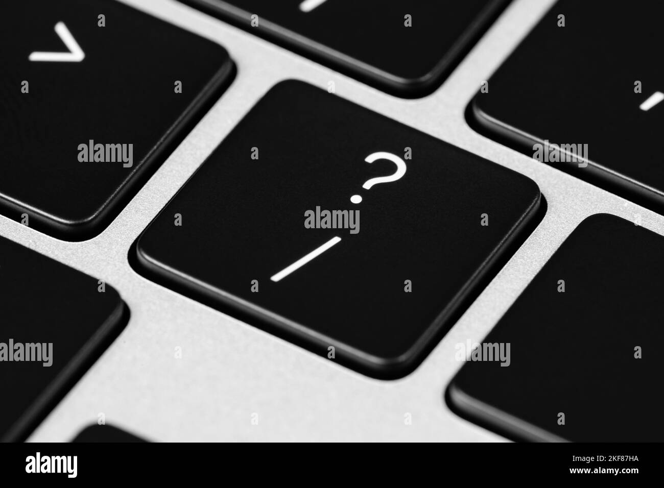 A closeup shot of a grey keyboard layout with black keys and white font ...