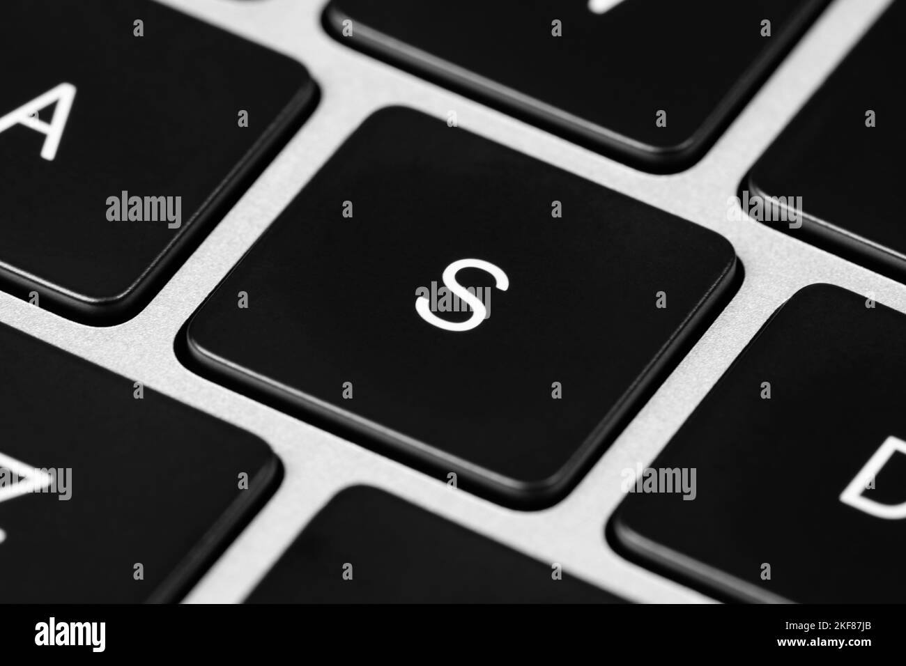 A closeup shot of a grey keyboard layout with black keys and white font ...