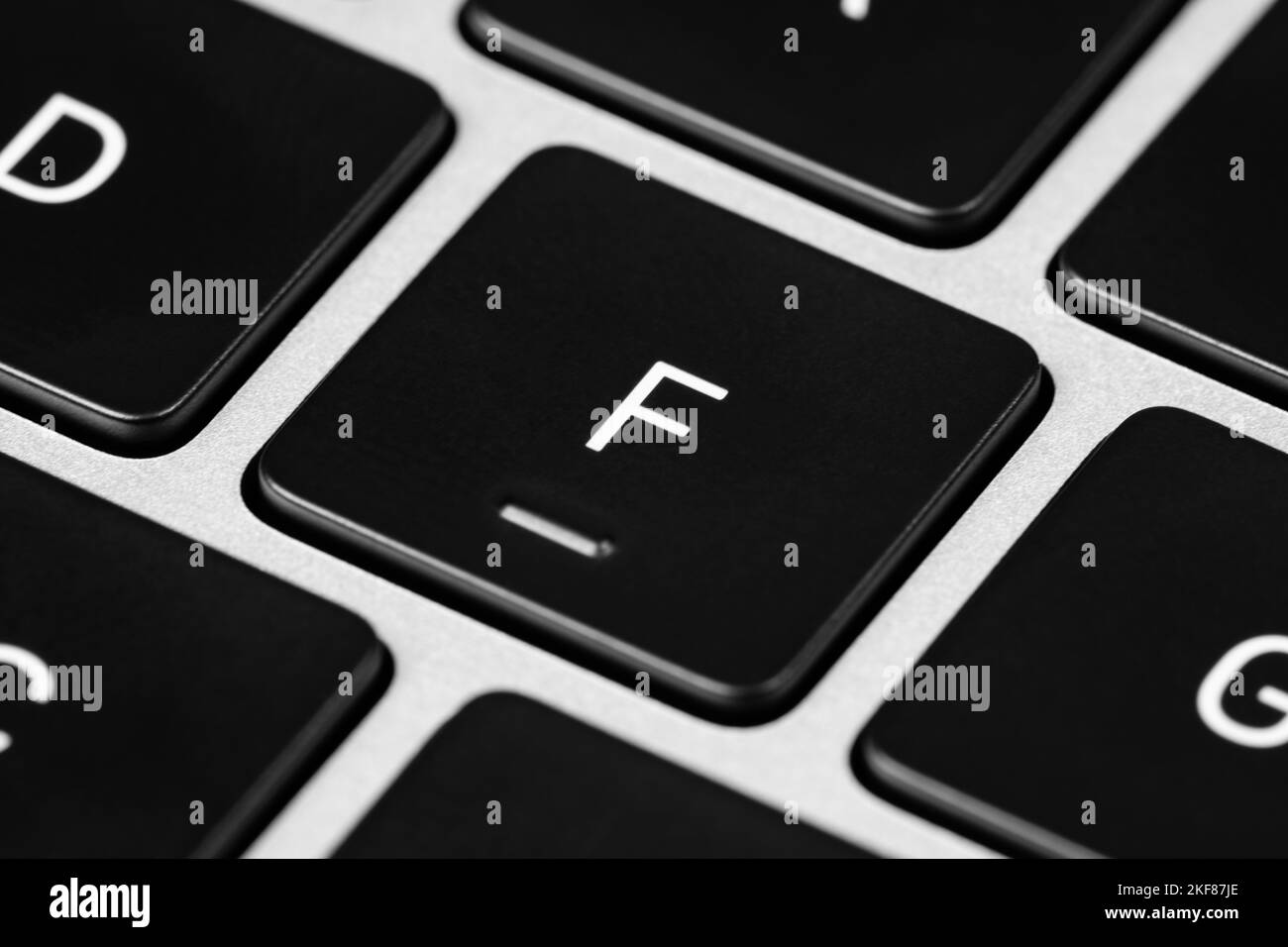 A closeup shot of a grey keyboard layout with black keys and white font ...