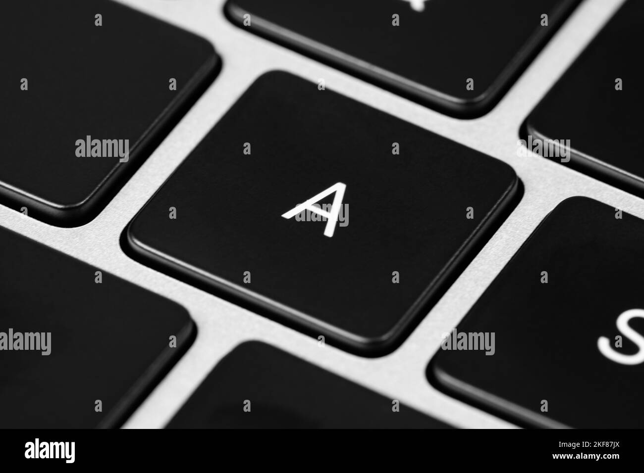 A closeup shot of a grey keyboard layout with black keys and white font ...