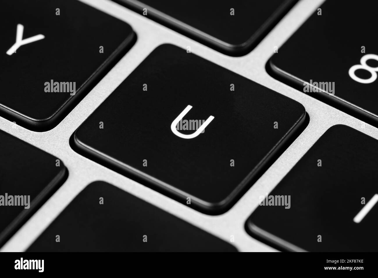 A closeup shot of a grey keyboard layout with black keys and white font ...