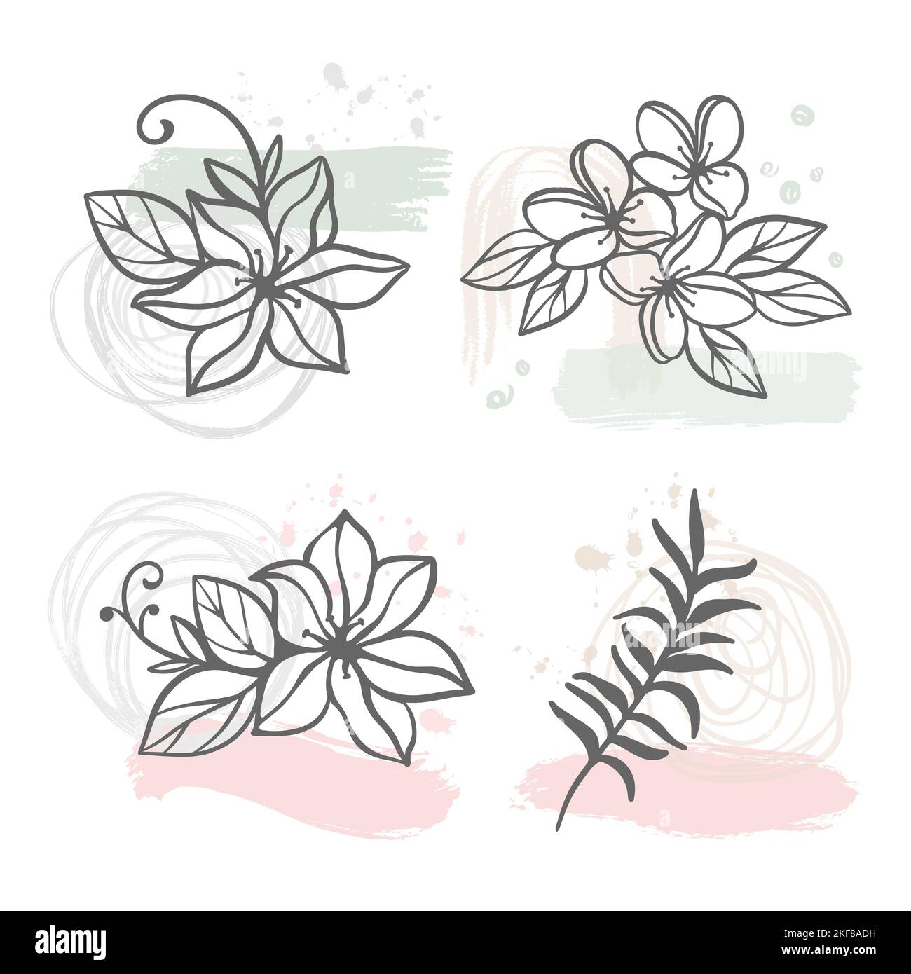 ABSTRACT LINE FLOWERS Floral Sketch With Hydrangea Jasmine Sakura ...