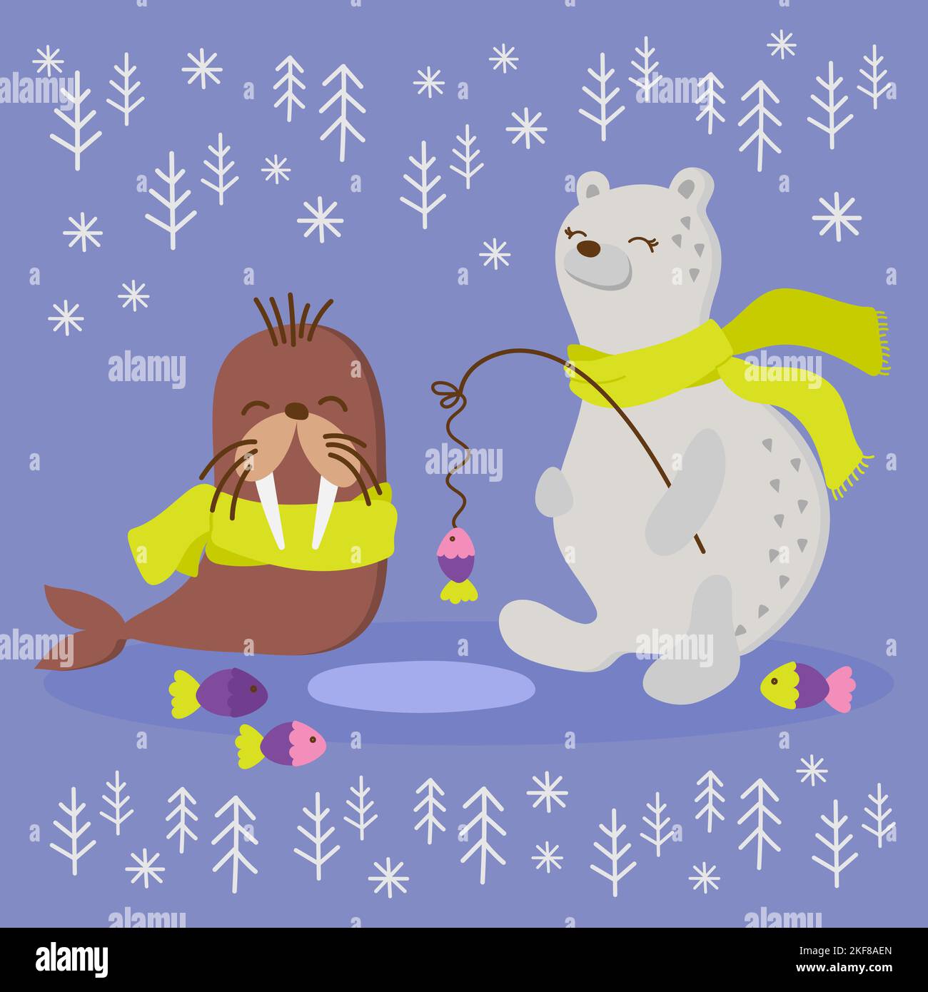 ALASKA WALRUS Winter Fishing Polar Bear Comic Funny Animal Flat Design ...