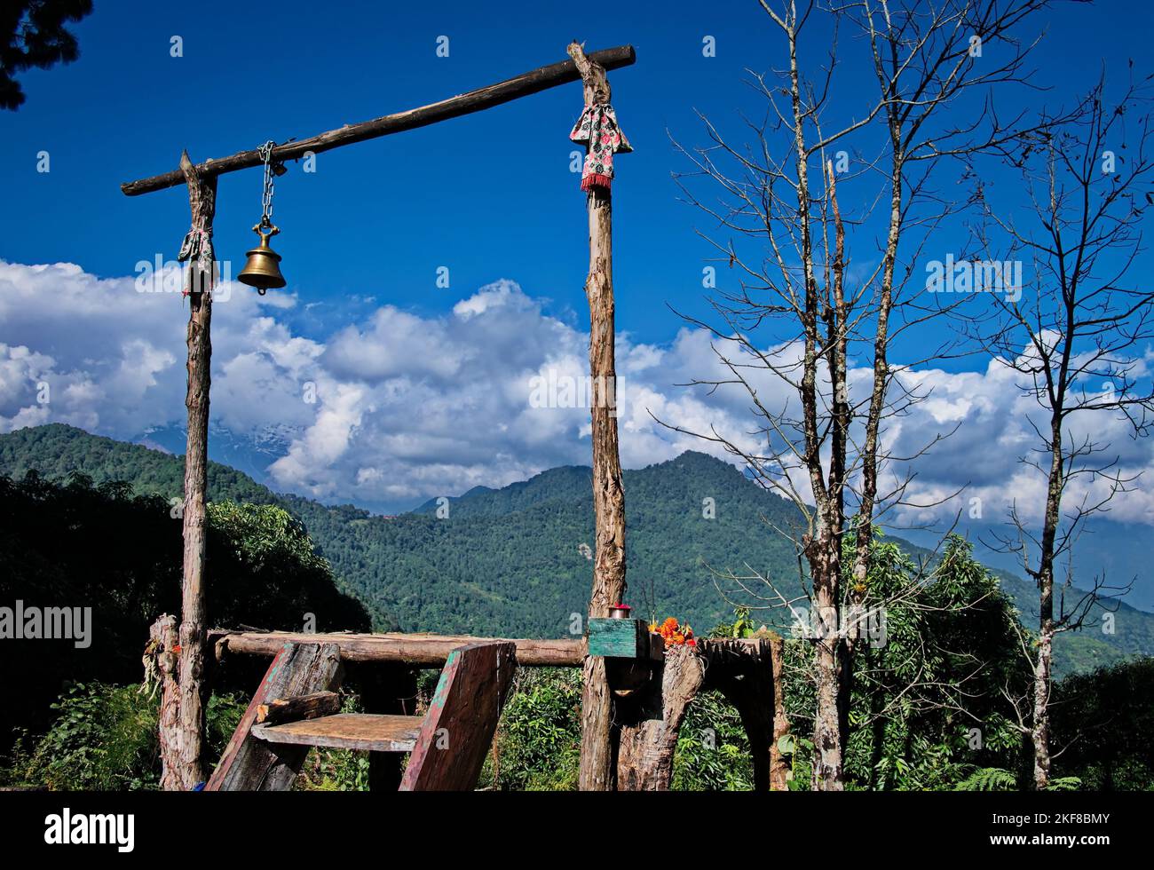 Wooden construction with the bell in Himalaya mountains, Nepal Stock ...