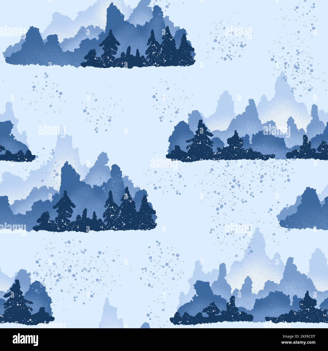 Hand drawn blue winter mountain forest seamless pattern. Wood woodland ...