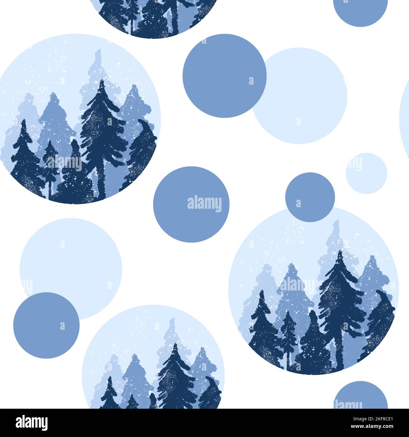 Hand drawn blue winter mountain forest seamless pattern in circles ...