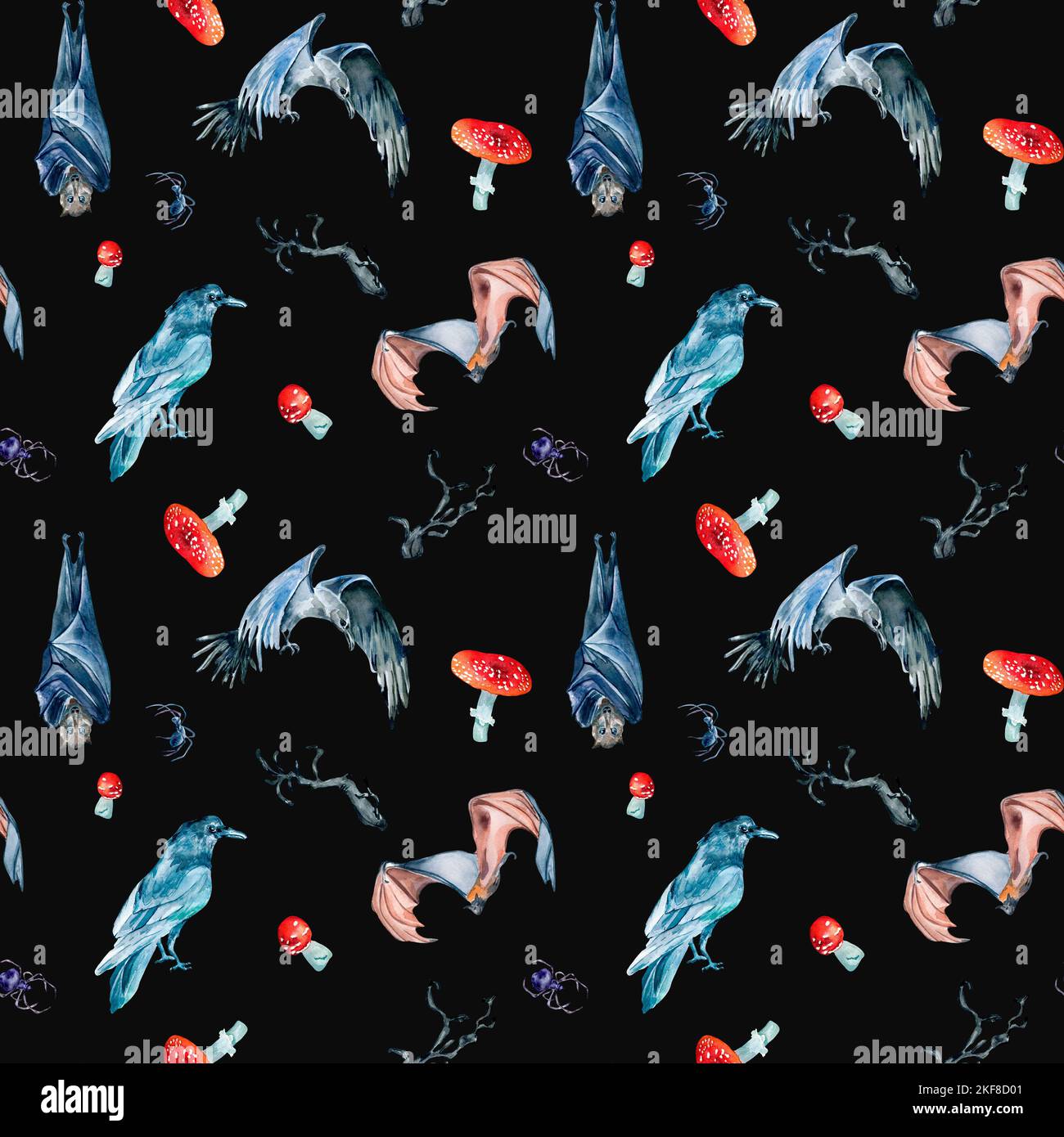 Fly agaric mushroom and bat, crow watercolor seamless pattern isolated ...