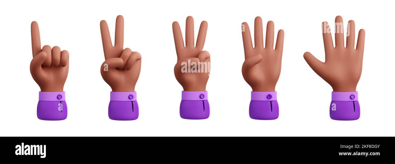 3D illustration set of hand counting one to five isolated on white ...