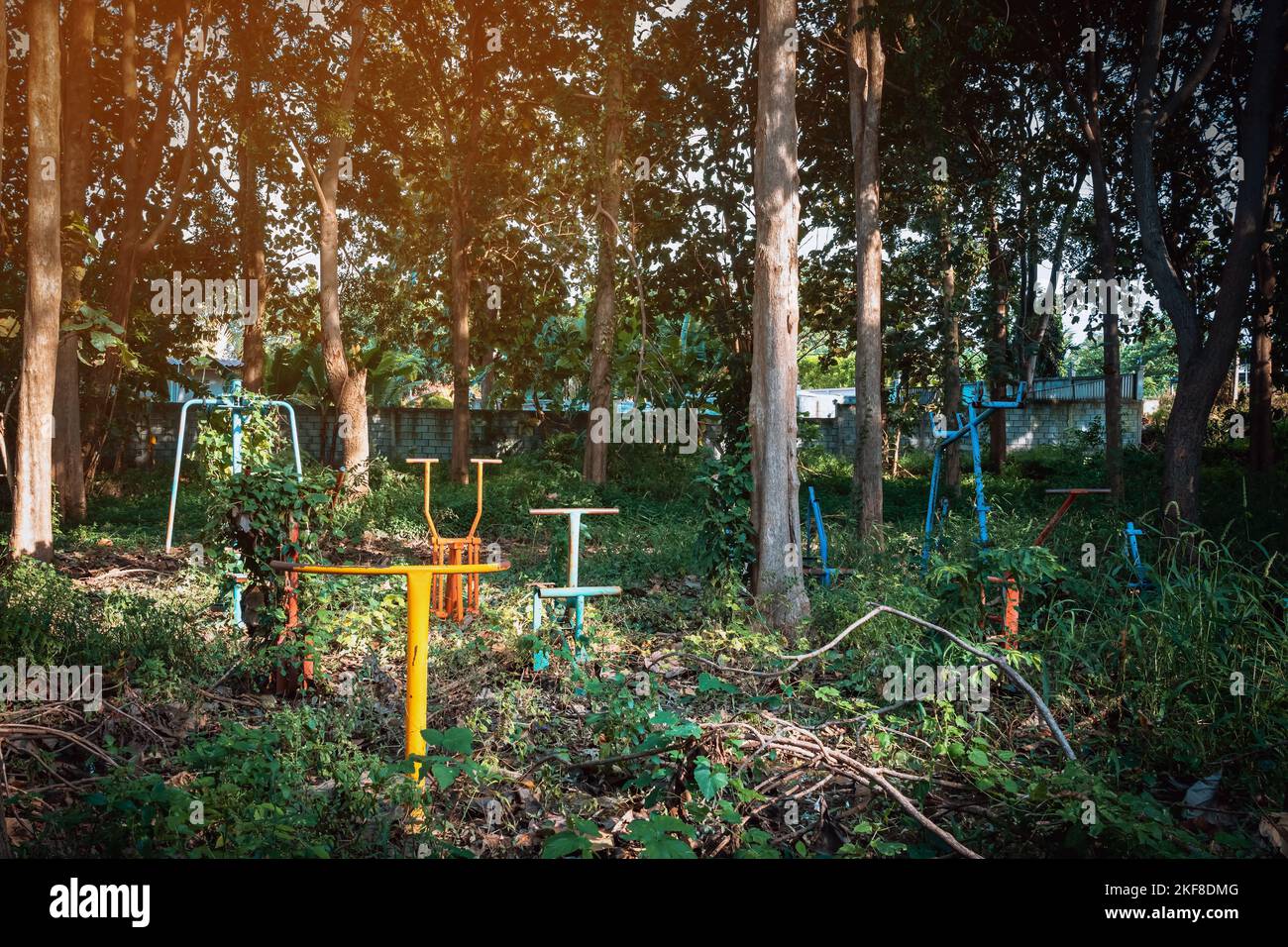 Old outdoor exercise equipment so worn out and covered in trees in ...