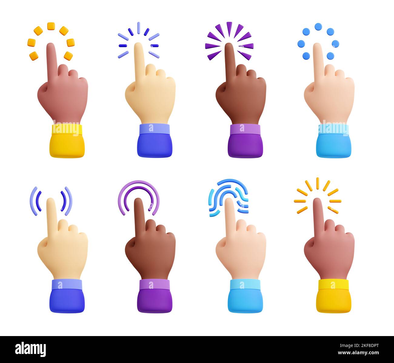 3d render cursor hands with different skin colors set. African, caucasian, latin or asian ...