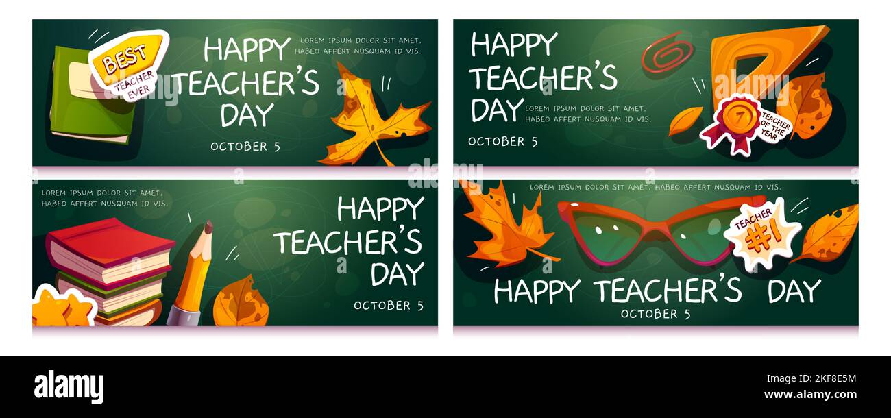 Happy teacher day cartoon banners with school educational supplies and ...