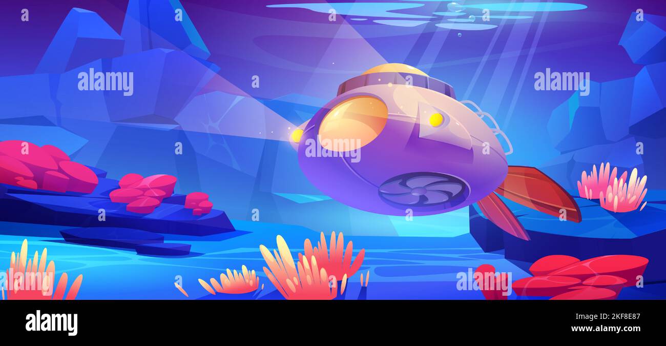 Submarine at underwater sea landscape with aquatic plants. Ocean bottom ...