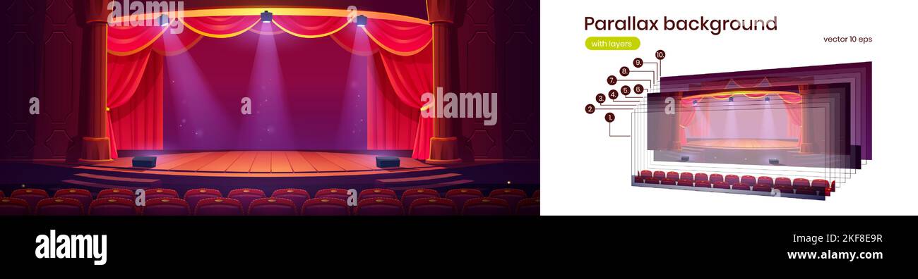 Theater hall with wooden stage, red curtains, auditorium chairs ...
