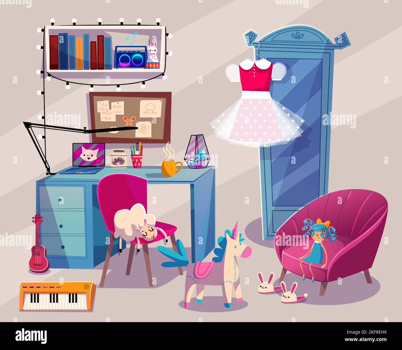 Girl room interior with wardrobe, chair and table. Cute girly bedroom ...