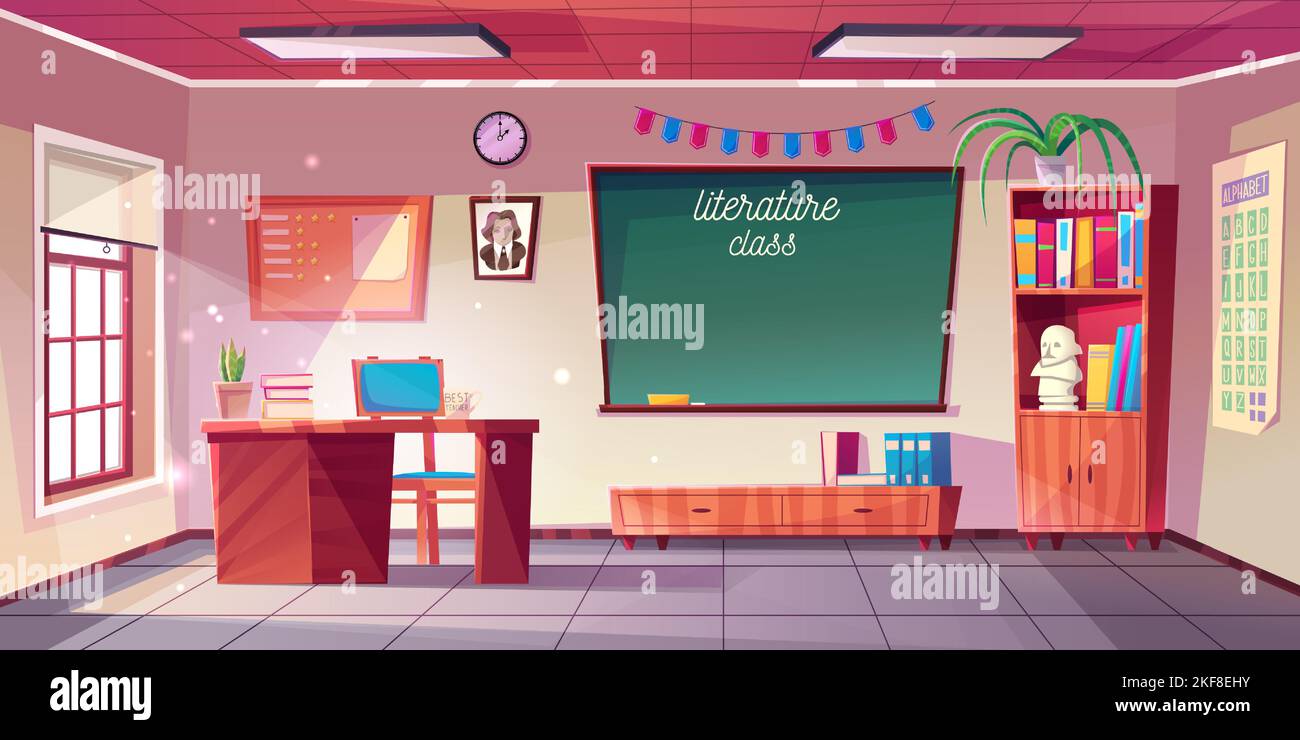 Literature classroom interior, school or college class with teacher ...