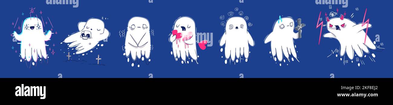 Cute ghosts cartoon Halloween character set. Funny spook creature ...