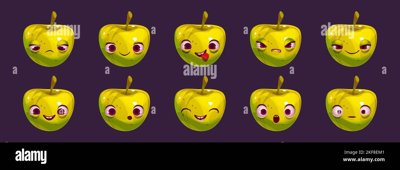 Cartoon green apple character with different emotions on face. Set of ...